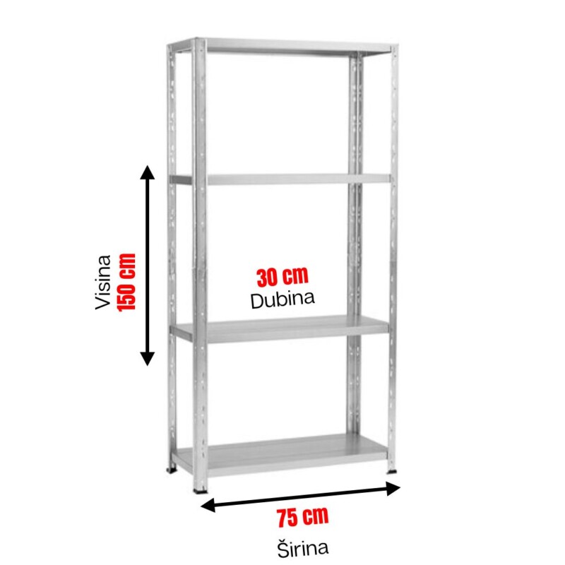 Metalna polica 150 x 75 x 30 cm, 4 kata – Metalik siva (Zn) – Ferro ...